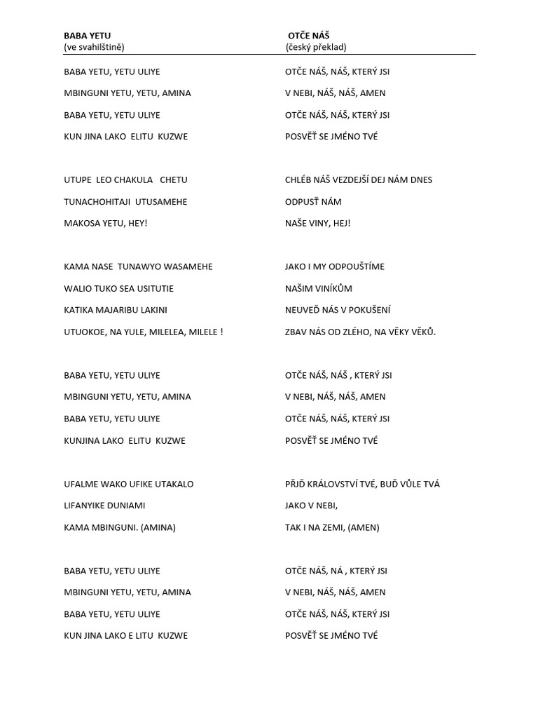 Baba Yetu Text | PDF