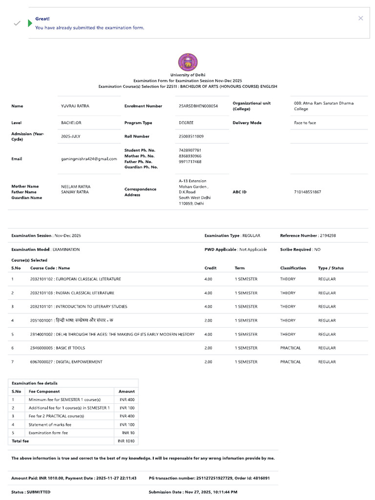 Baeh Fee Slip | PDF