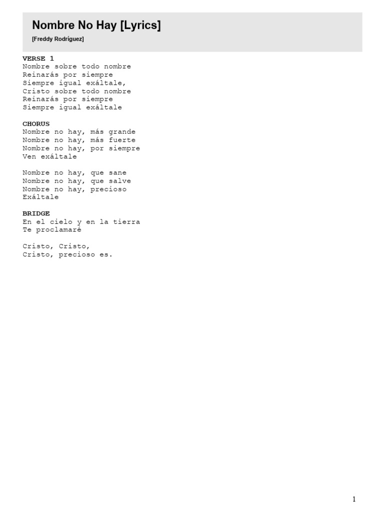 Letra de "Nombre No Hay" de Freddy Rodríguez | PDF