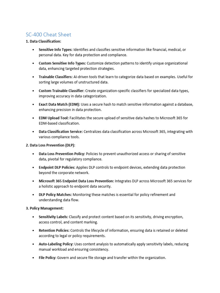 SC-400 Data Protection Cheat Sheet | PDF | Computer Security | Security