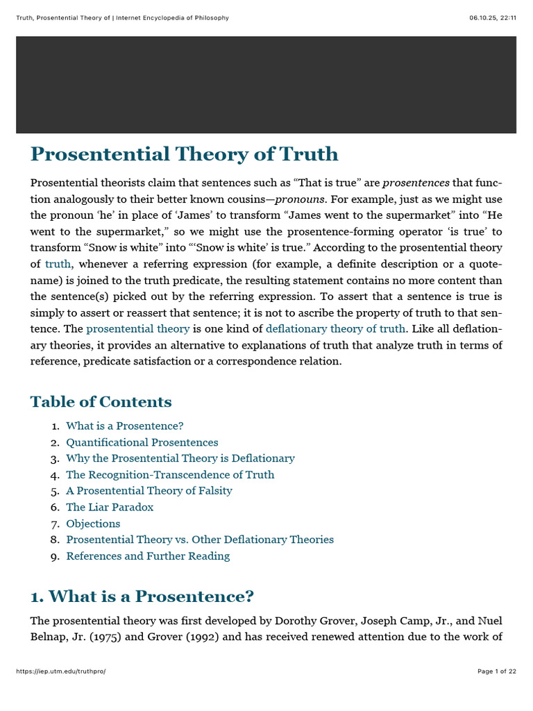 Truth, Prosentential Theory of - Internet Encyclopedia of Philosophy ...