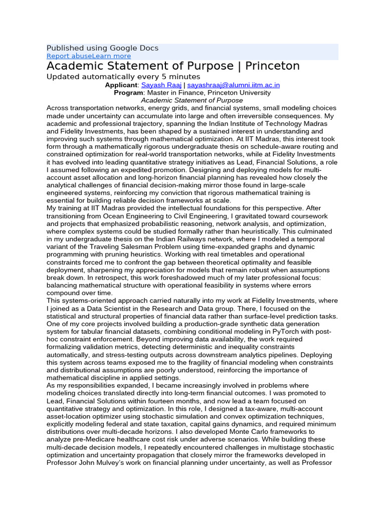 Princeton MFin Statement of Purpose | PDF | Mathematical Optimization ...