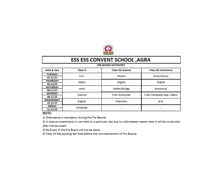 ESS School Pre Board Datesheet 2025 | PDF