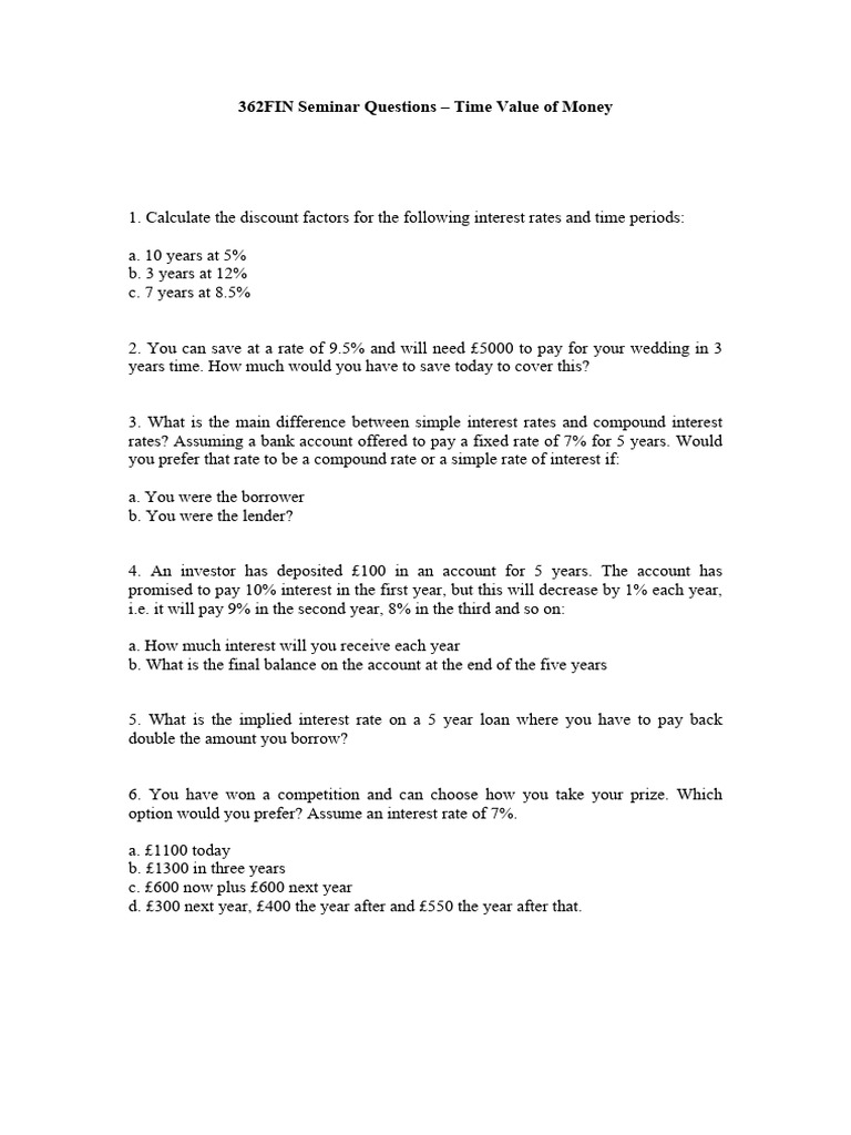 Seminar Worksheet Questions 3_Time Value Money | PDF | Interest ...