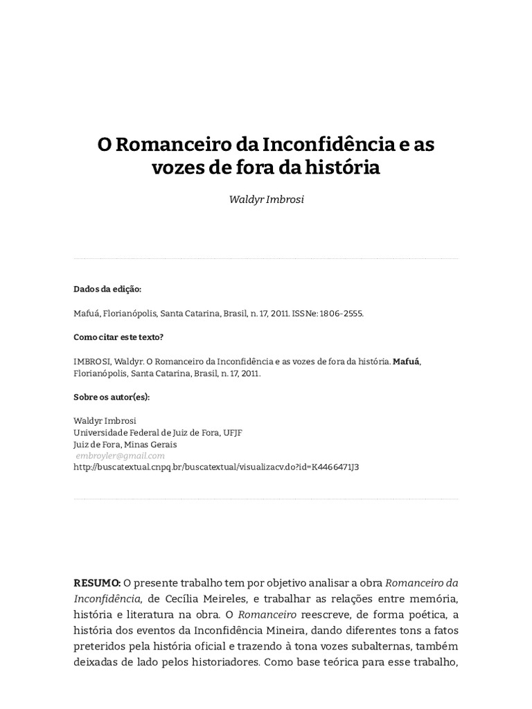 Mafuá » O Romanceiro da Inconfidência e as vozes de fora da história | PDF