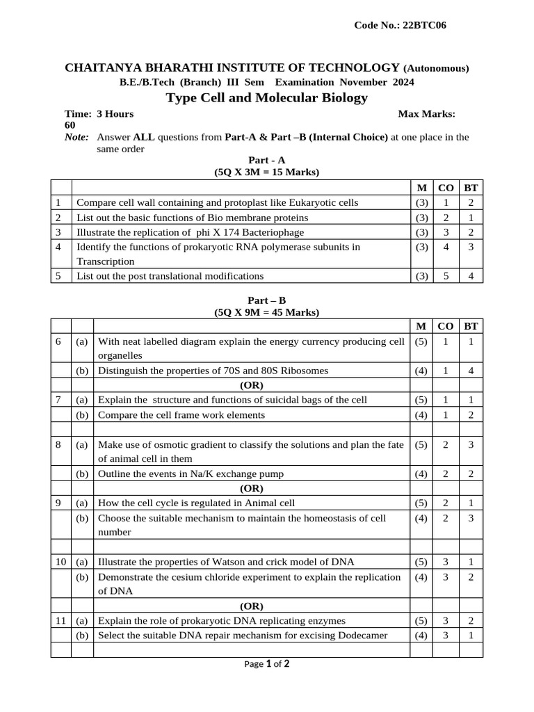 CMB 22BTC06N SEE Model Question Paper R-22 (a) | PDF | Cell (Biology) | Dna