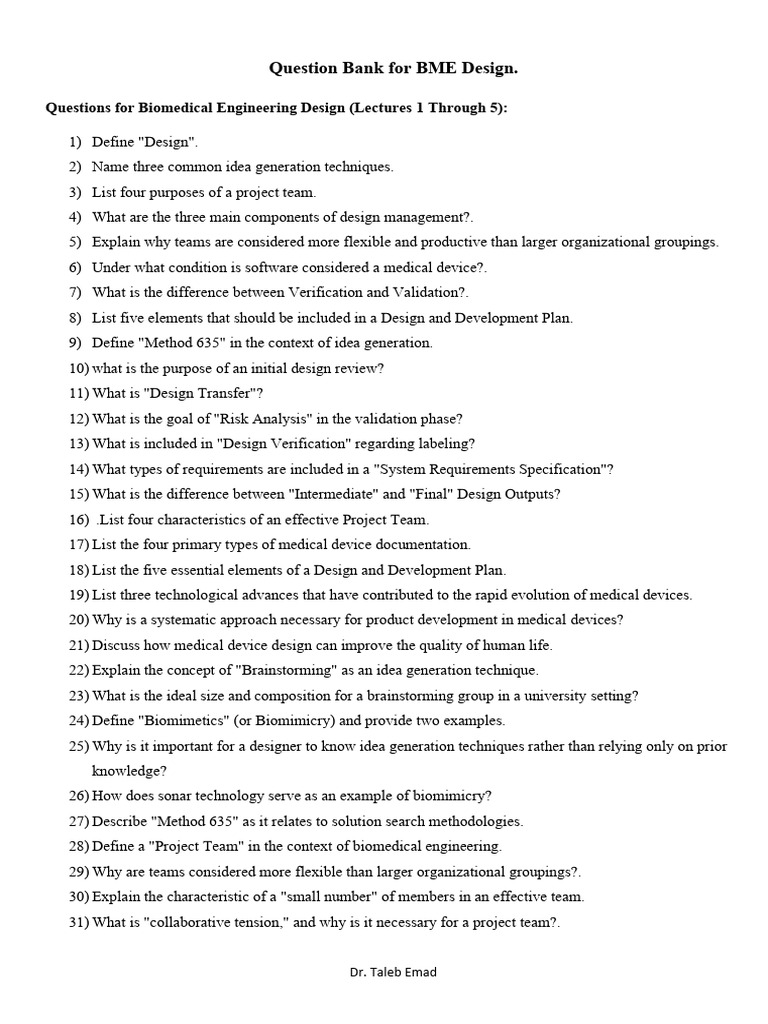 Biomedical Engineering Design Question Bank | PDF | Medical Device ...