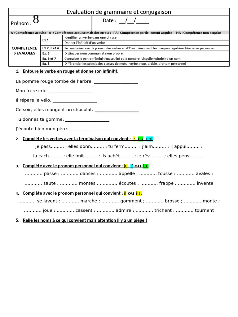 Évaluation de grammaire et conjugaison | PDF | Verbe | Nombre grammatical