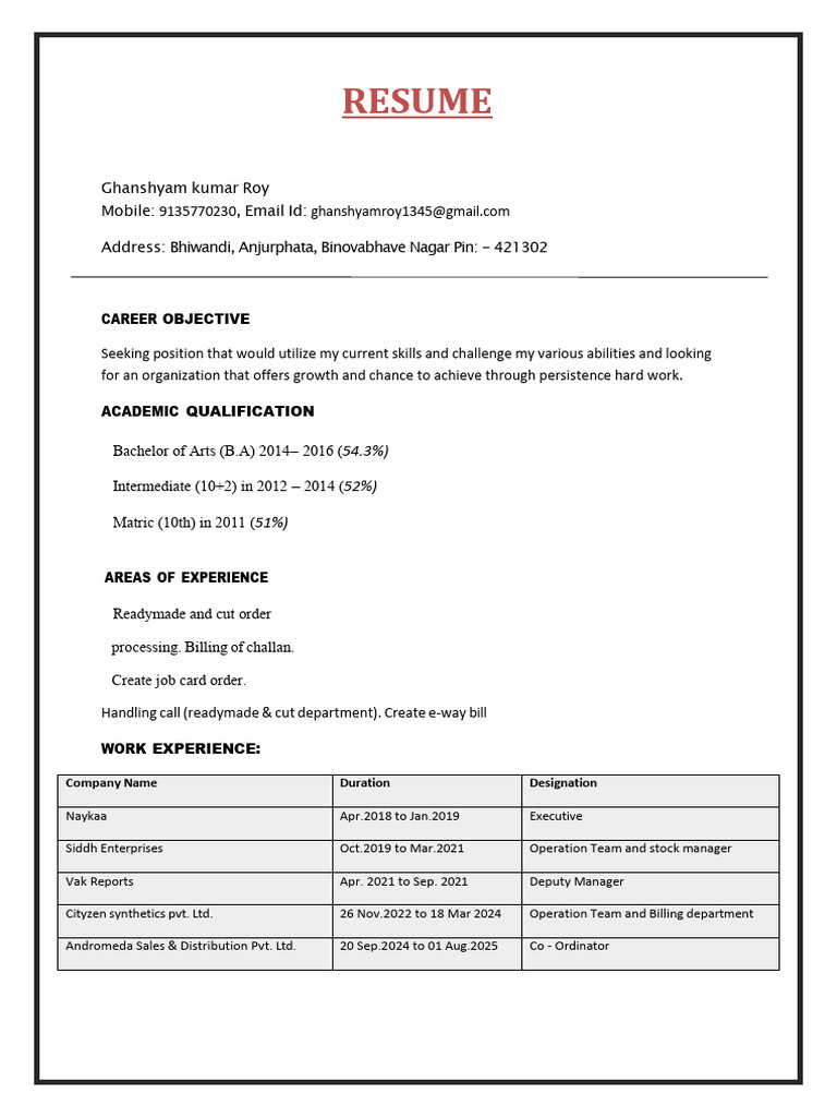 Ghanshyam Kumar Roy Resume | PDF