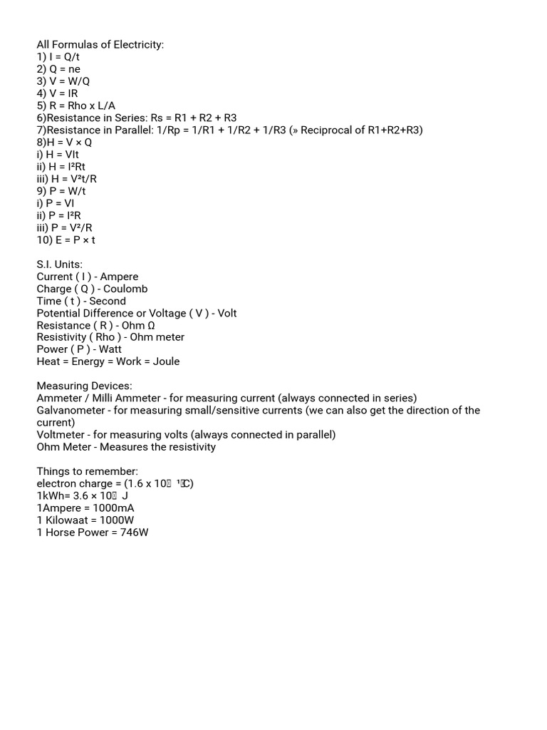 Essential Electricity Formulas and Units | PDF