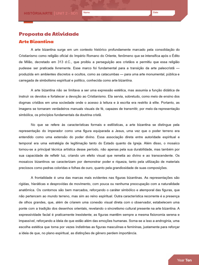 HISTÓRIA_ARTE - U2 - SD1 | PDF | Império Bizantino | Cristianismo Primitivo