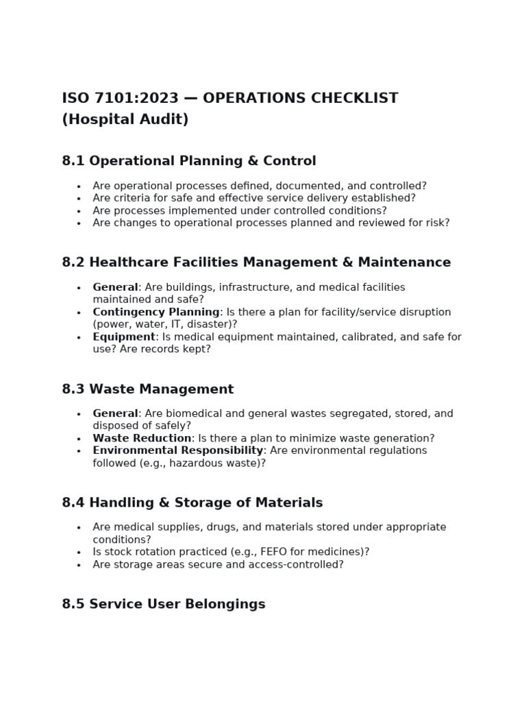 Operations Checklist (Hospital Audit) | PDF | Patient Safety | Medical ...