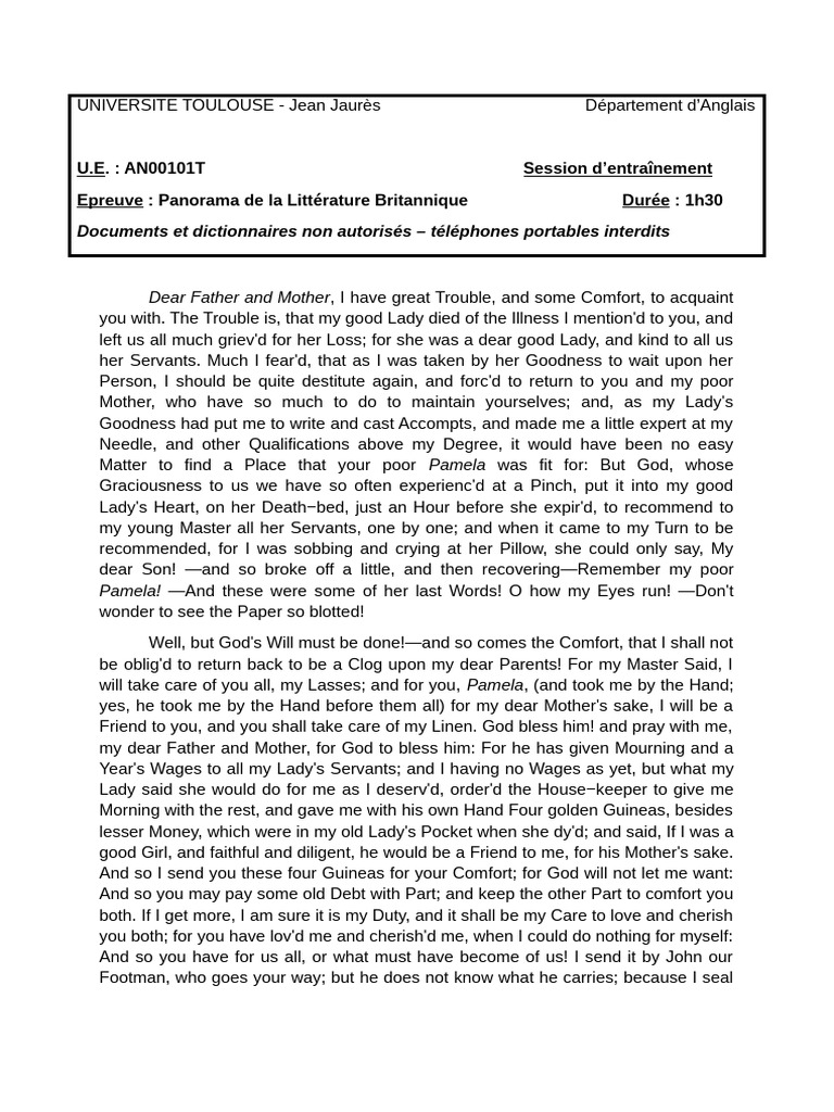British Literature: Pamela's Letter Analysis | PDF