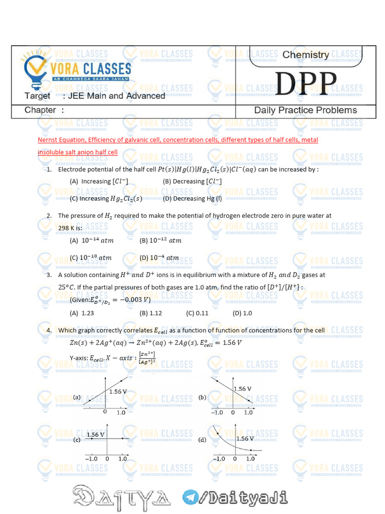 Electrochemistry - DPP 2 | PDF | Chemical Equilibrium | Ph