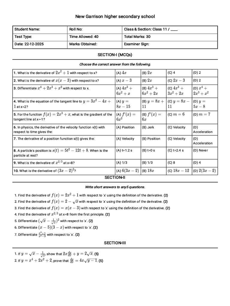Class 11 Derivative Test Paper | PDF | Derivative | Mathematical Physics
