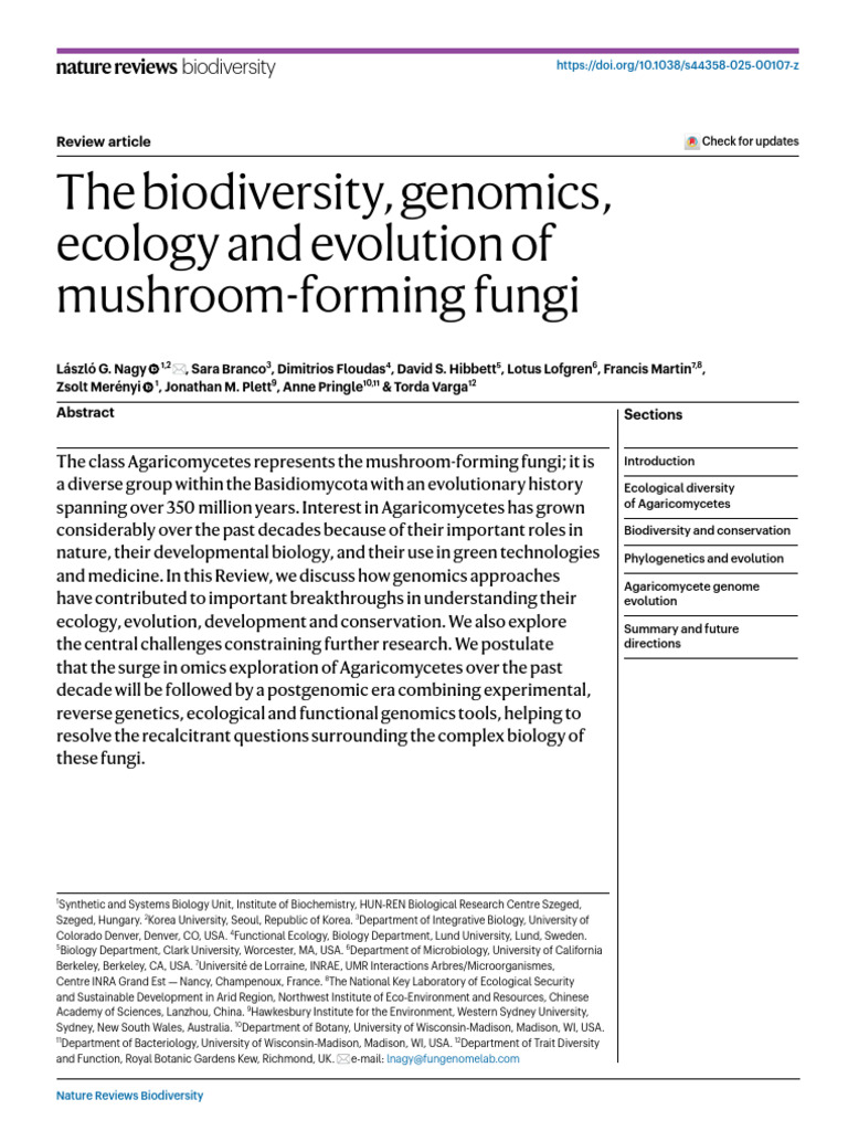 The biodiversity, genomics, ecology and evolution of mushroom-forming ...