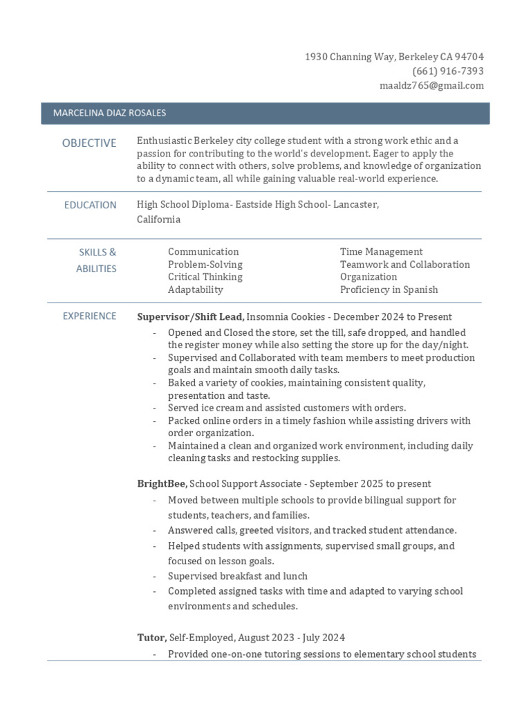 Marcelina Diaz Rosales - Resume PDF | PDF | Babysitting | Learning