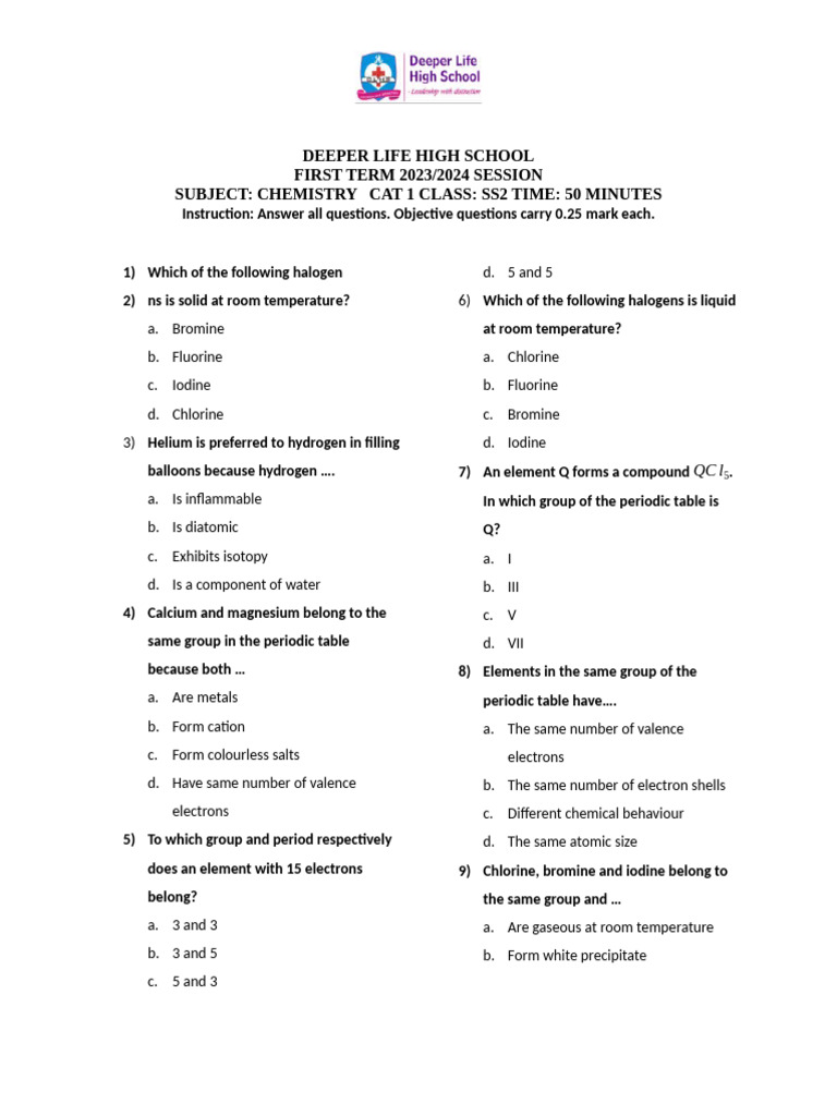 CHEMISTRY SS 2 CA TEST | PDF | Periodic Table | Iodine