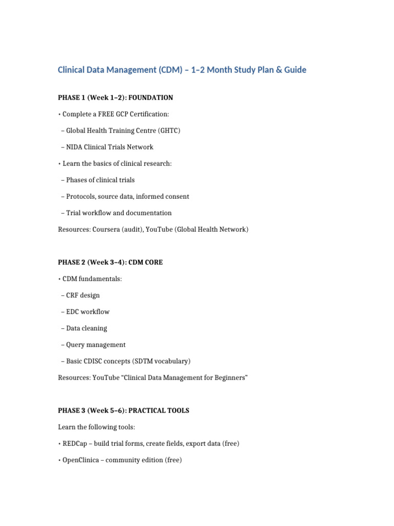CDM Study Plan Single Page | PDF