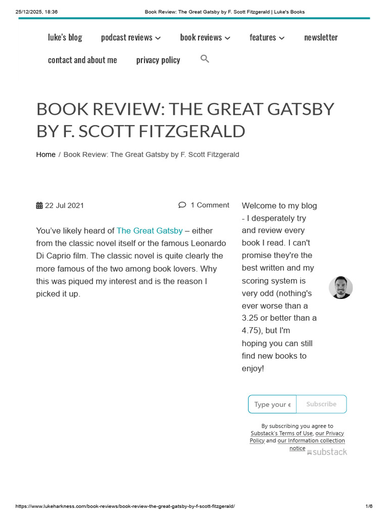 Book Review - The Great Gatsby by F. Scott Fitzgerald - Luke's Books ...