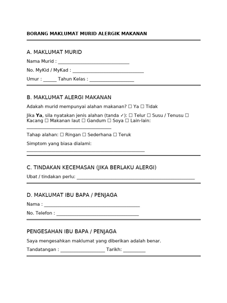 Borang Maklumat Murid Alergik Makanan | PDF
