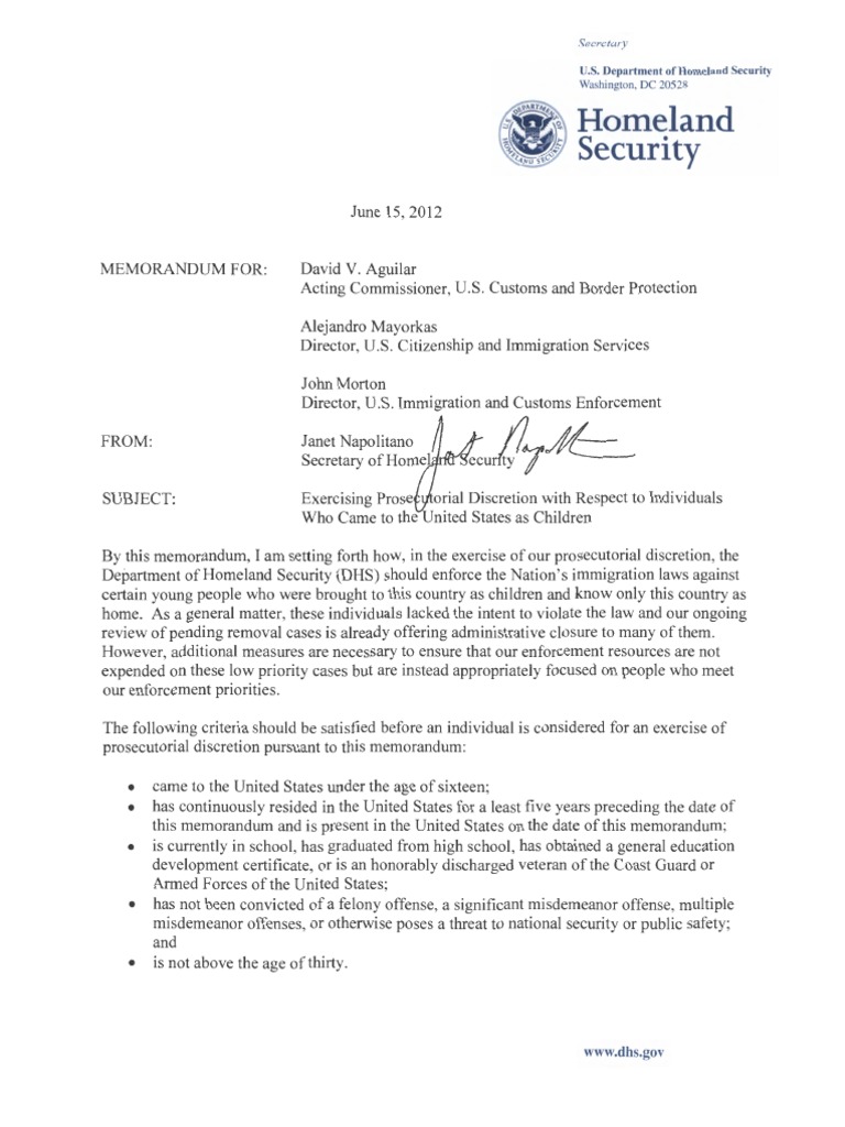 Janet Napolitano DHS Memo 6 15 12 | United States Citizenship And ...