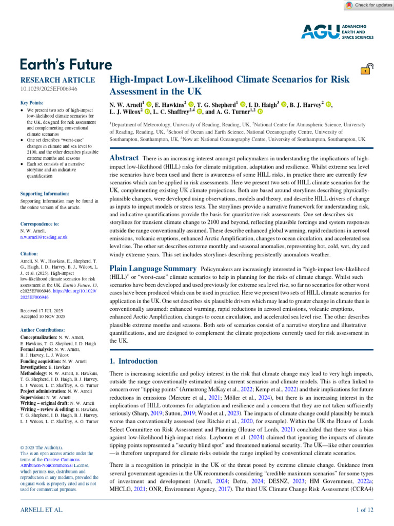 Earth's Future - 2025 - Arnell - High Impact Low Likelihood Climate ...