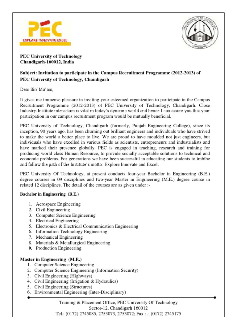 PEC Invitation Letter 2012-13 | PDF | Engineering | Science And Technology