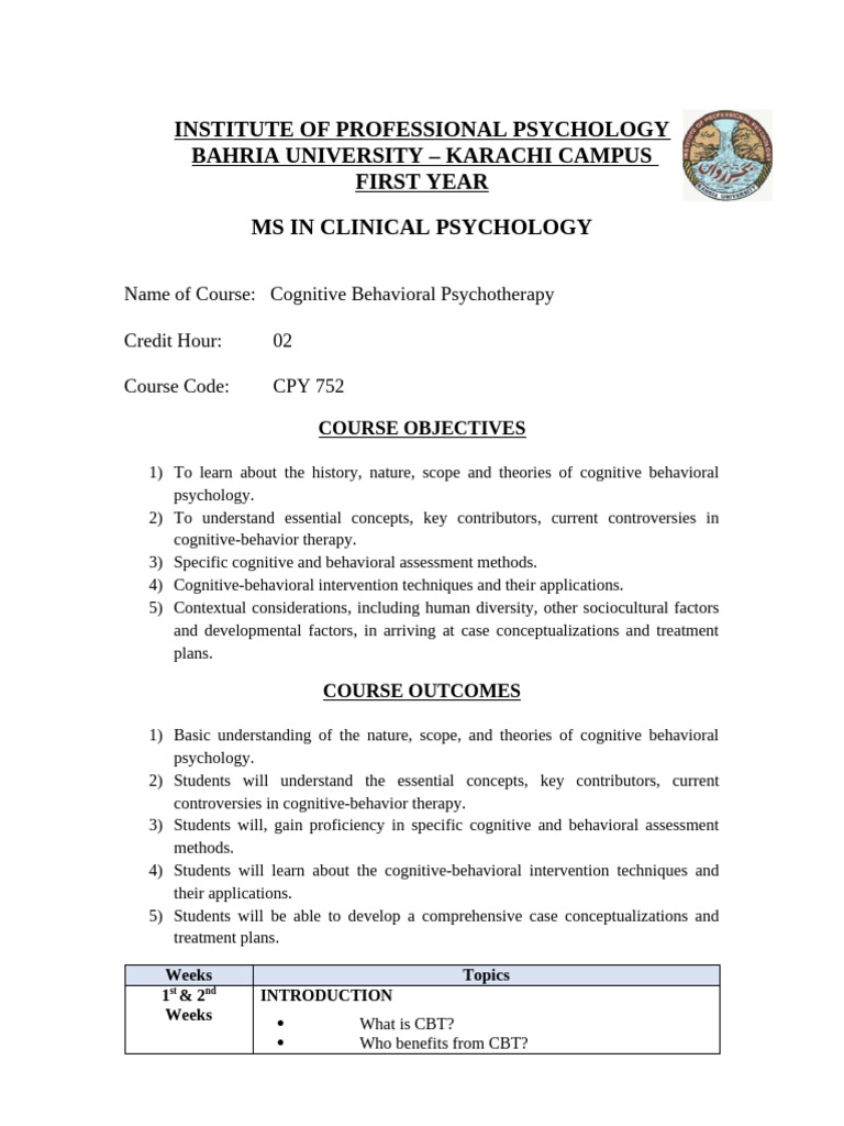 Cognitive Behavioral Therapy Course Overview | PDF | Cognitive ...