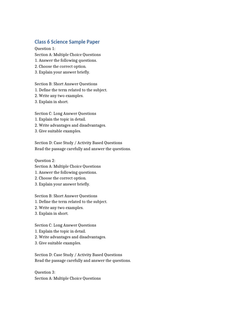 Class 6 Science Sample Paper | PDF | Multiple Choice