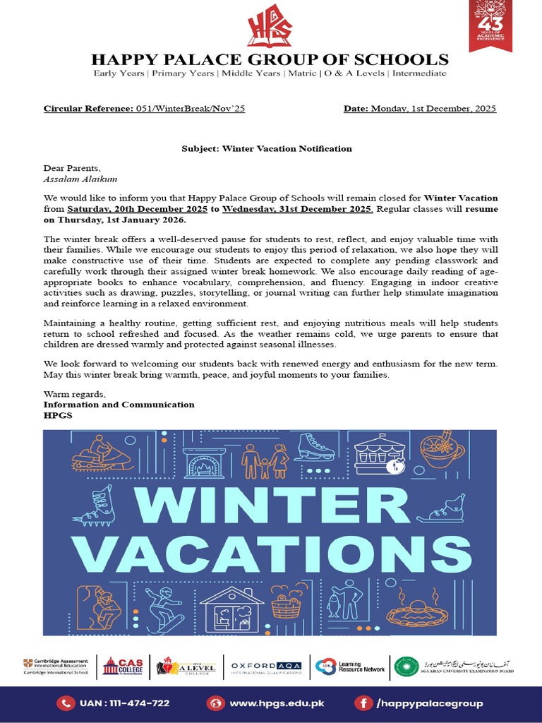 Winter Break Notice for Happy Palace Schools | PDF