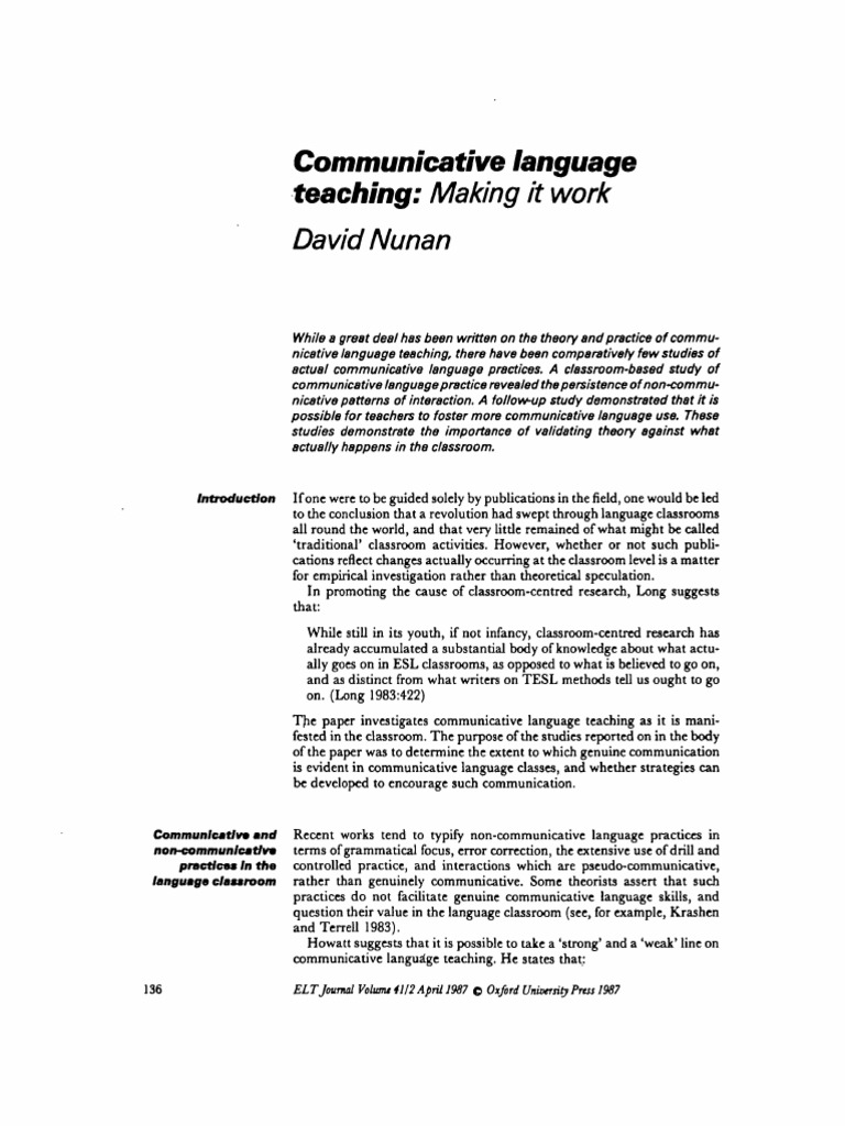 Nunan, D. (1987). Communicative Language Teaching_Making It Work. ELT ...