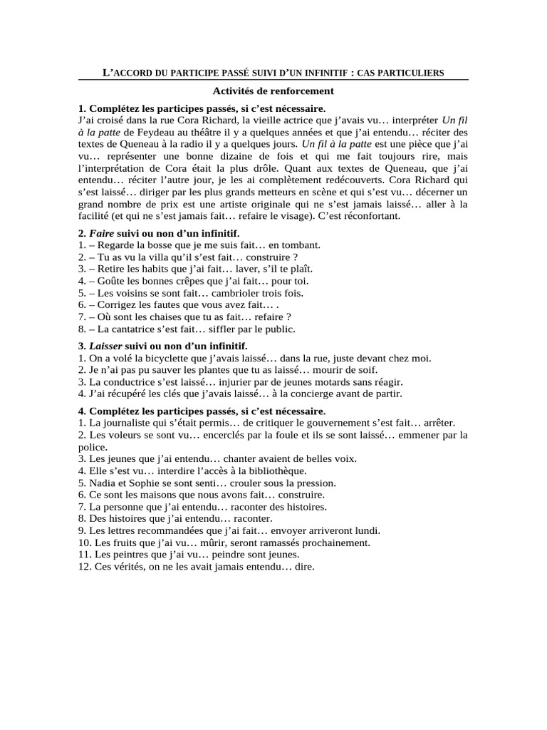 Accord du participe passé et infinitif | PDF