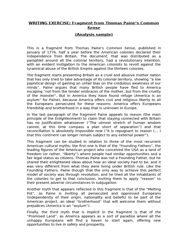 Thomas Paine's Common Sense Analysis | PDF | Common Sense | Thomas Paine