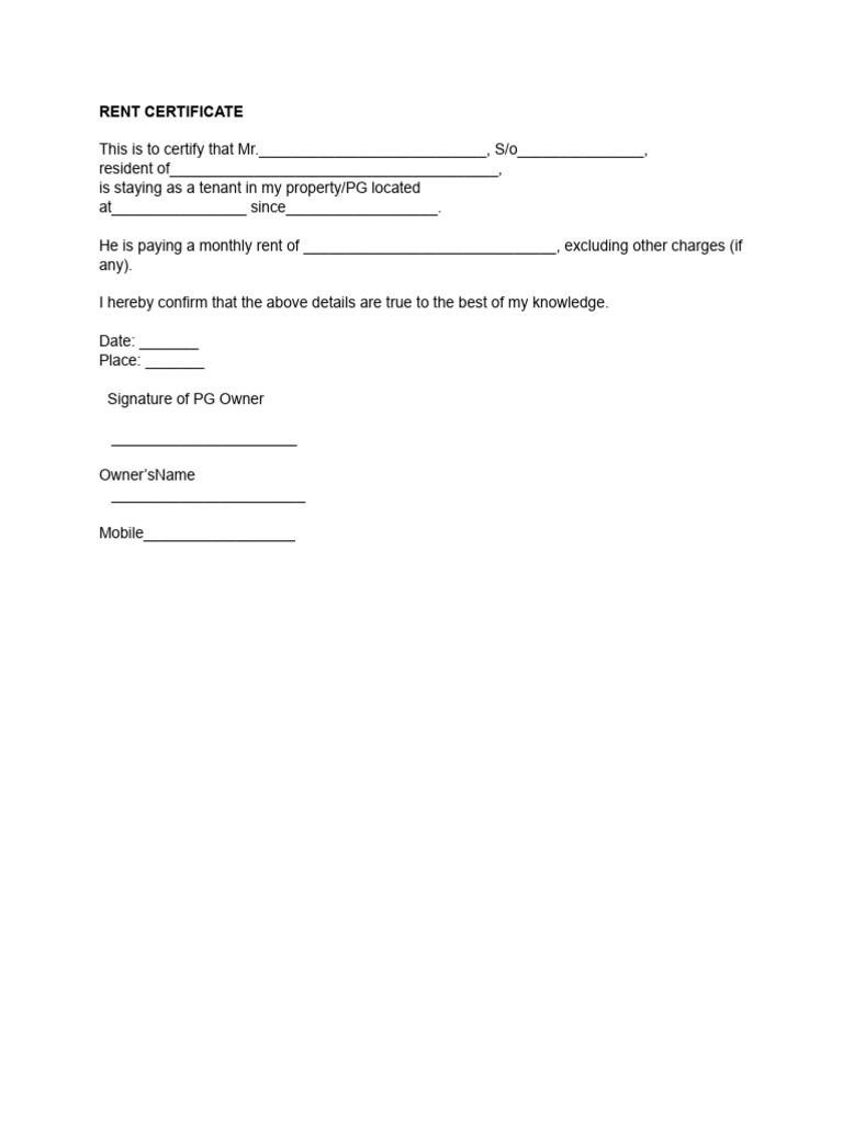 Rent Certificate Template for Tenants | PDF