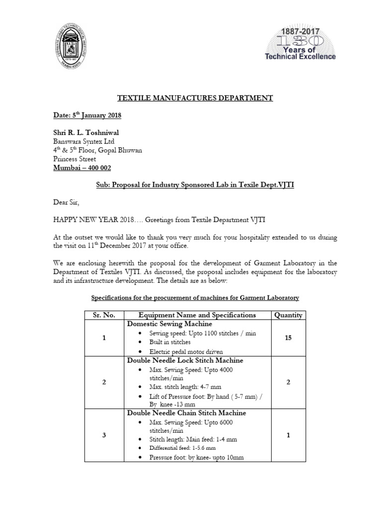 Proposal For Garment Lab 050118 | PDF | Sewing Needle | Sewing