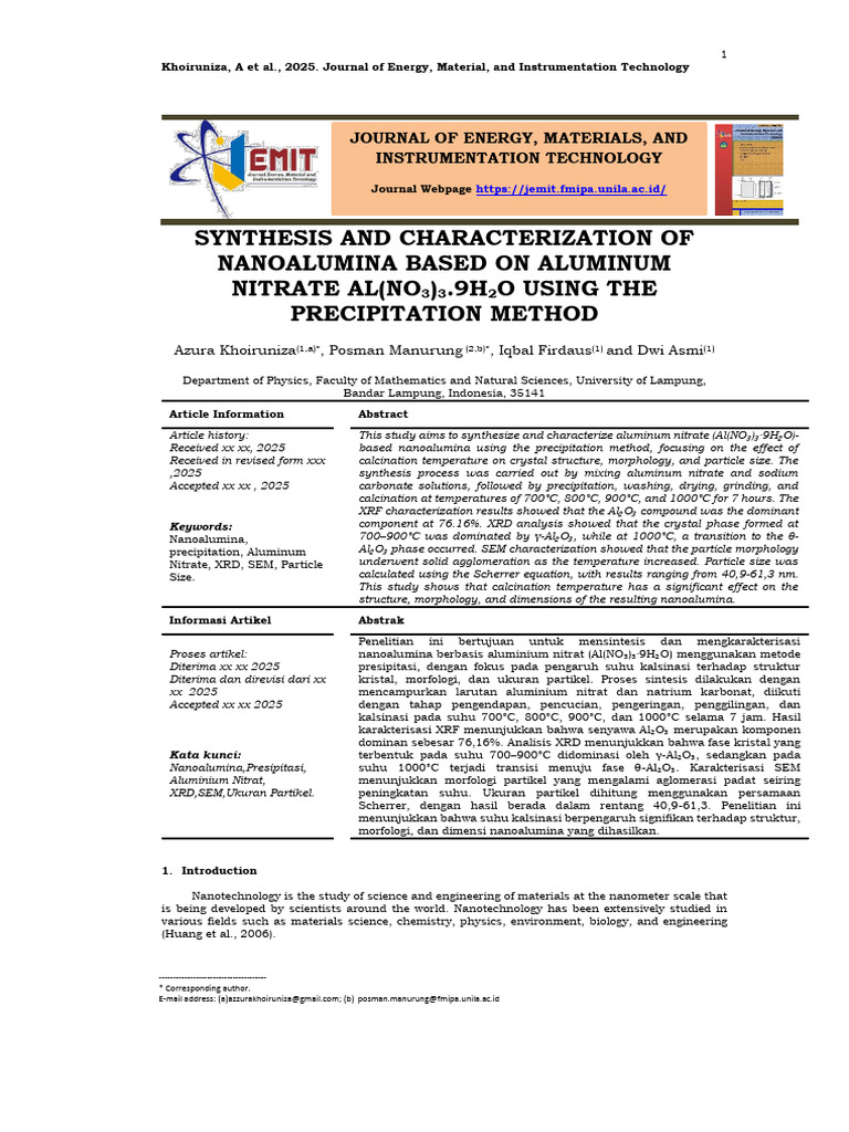 Synthesis and Characterization of Nanoalumina Based On Aluminum Nitrate ...