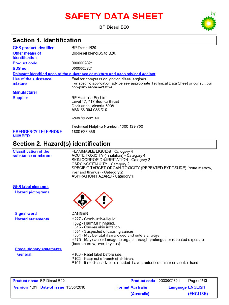 Msds Fuel b20 - Bp | PDF | Personal Protective Equipment | Waste