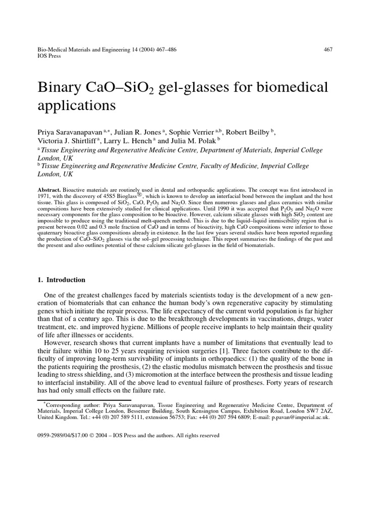 Binary CaO-SiO2 Gel-Glasses in Biomedicine | PDF | Osteoblast