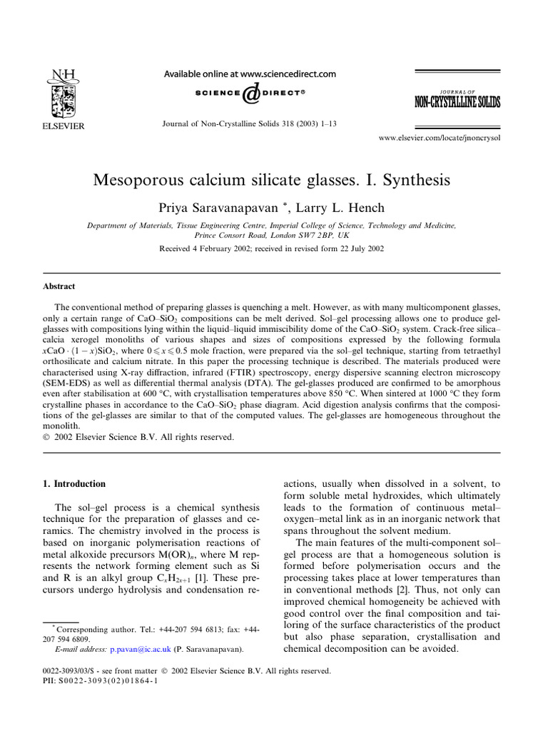 Mesoporous Calcium Silicate Glasses I Synthesis | PDF | Glasses ...