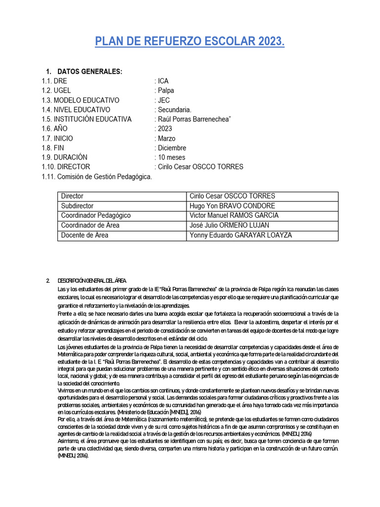 PLAN_DE_REFUERZO_ESCOLAR_MATEMATICA_2023[1] | PDF | Evaluación | Enseñando