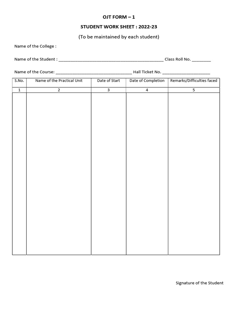 OJT Student Worksheet 2022-23 | PDF