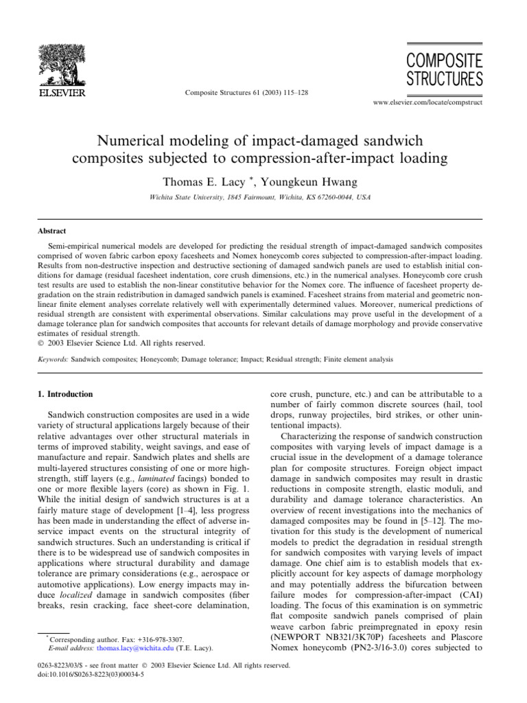 Numerical Modeling of Impact Damaged Sandwich Composites Subjected to ...