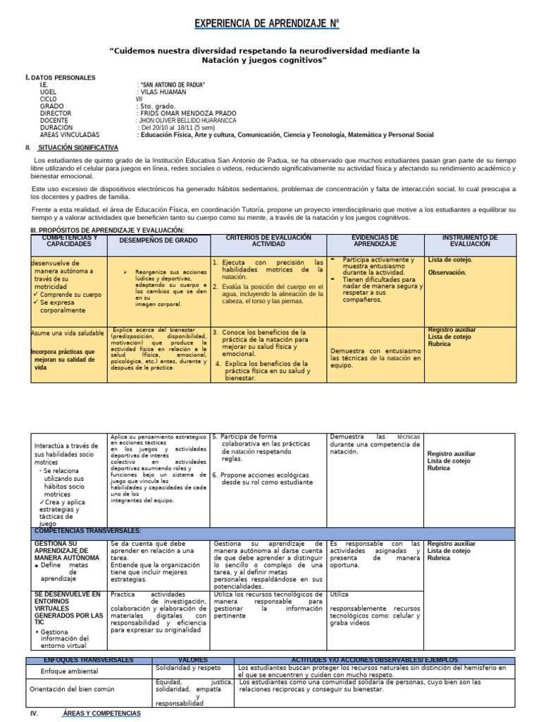 EXPERIENCIA DE APRENDIZAJE QUINTO GRADO | PDF | Aprendizaje | Nadando