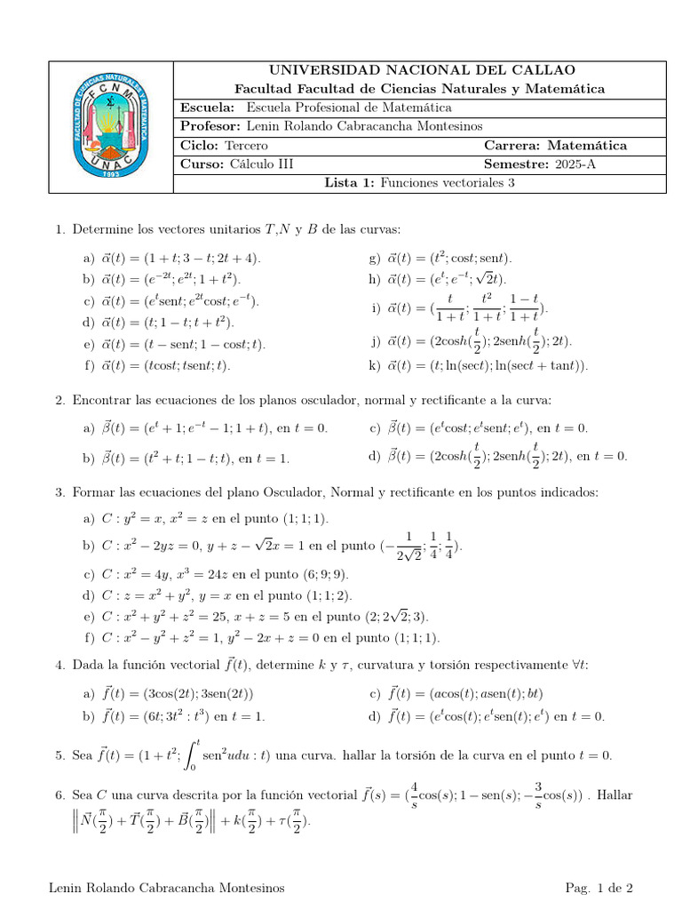 Lista_de_ejercicios_Funciones_Vectoriales_2_sem_8_Calculo_3_FCNM_2025_EPM (2) | PDF | Curva ...