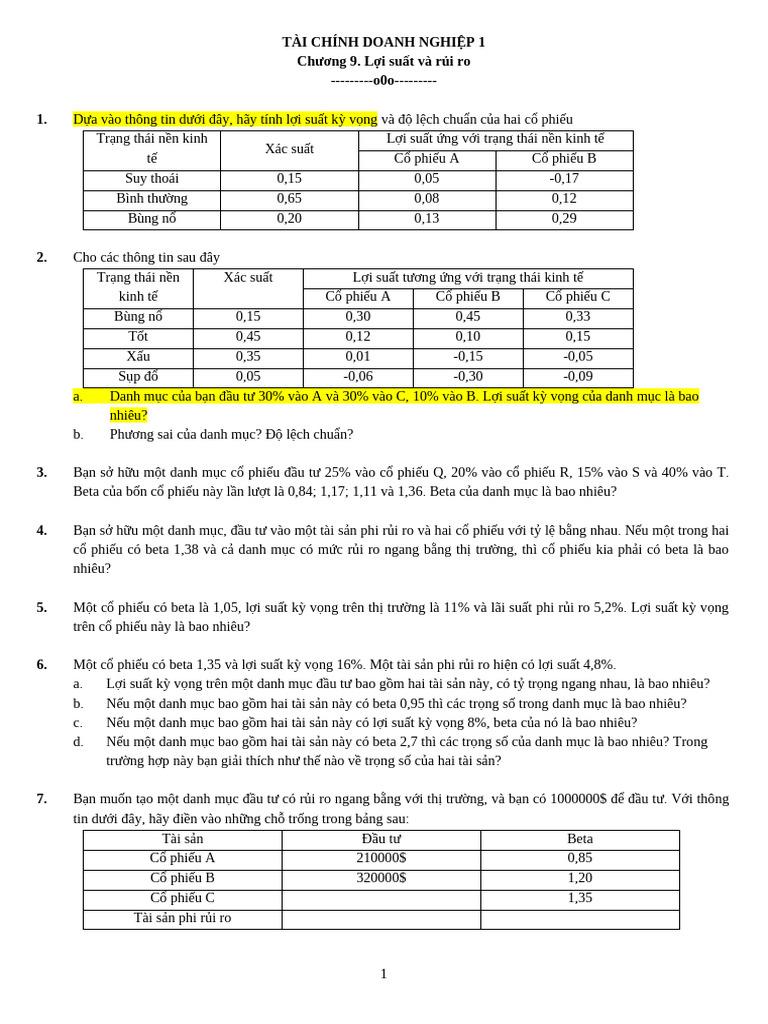 TCDN1_Chuong 9_Loi Suat Rui Ro_Bai Tap_SV_Cau Hoi | PDF