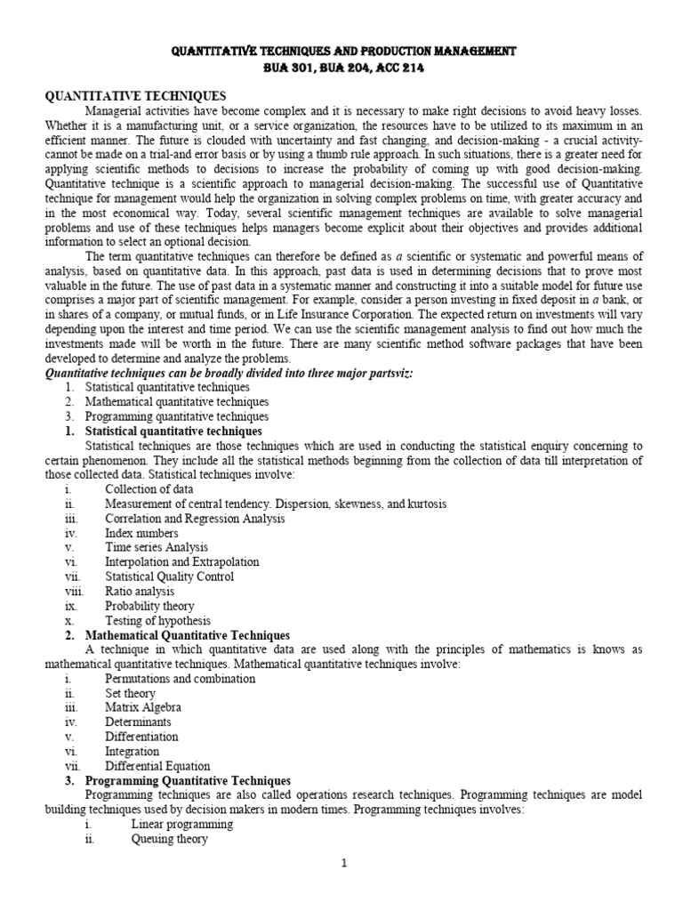 QUANTITATIVE TECHNIQUES handout | PDF | Statistics | Mean