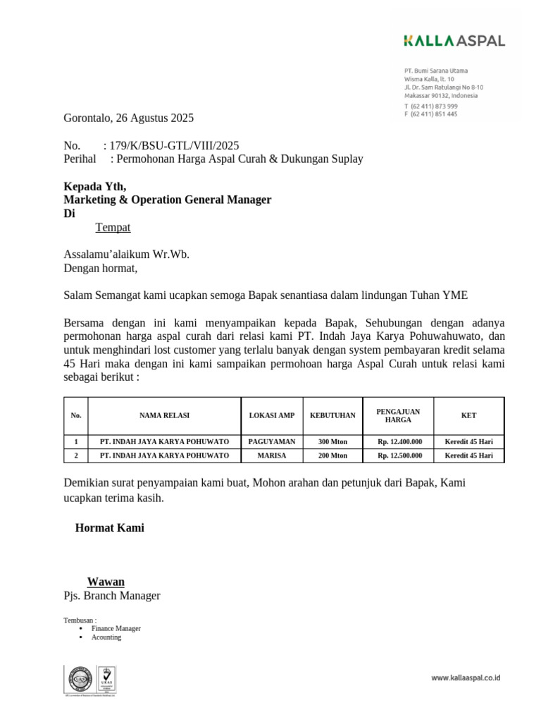 Permohonan Harga Aspal Curah 2025 | PDF