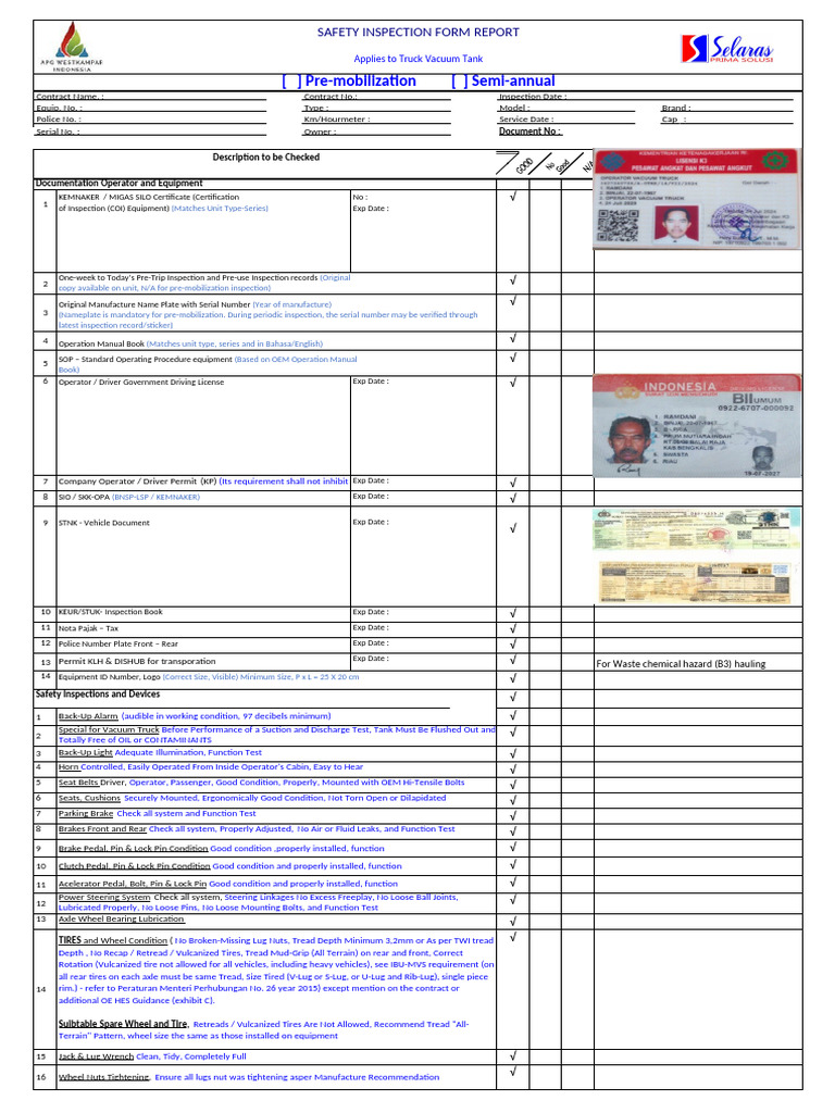 Form Inspeksi Vacuum Truck and Genset(1) | PDF | Leak | Electrical ...