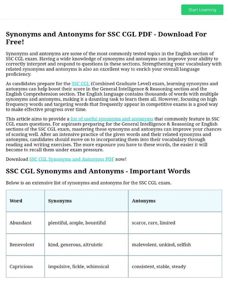 Synonyms and Antonyms for SSC CGL PDF - Download For Free! | PDF